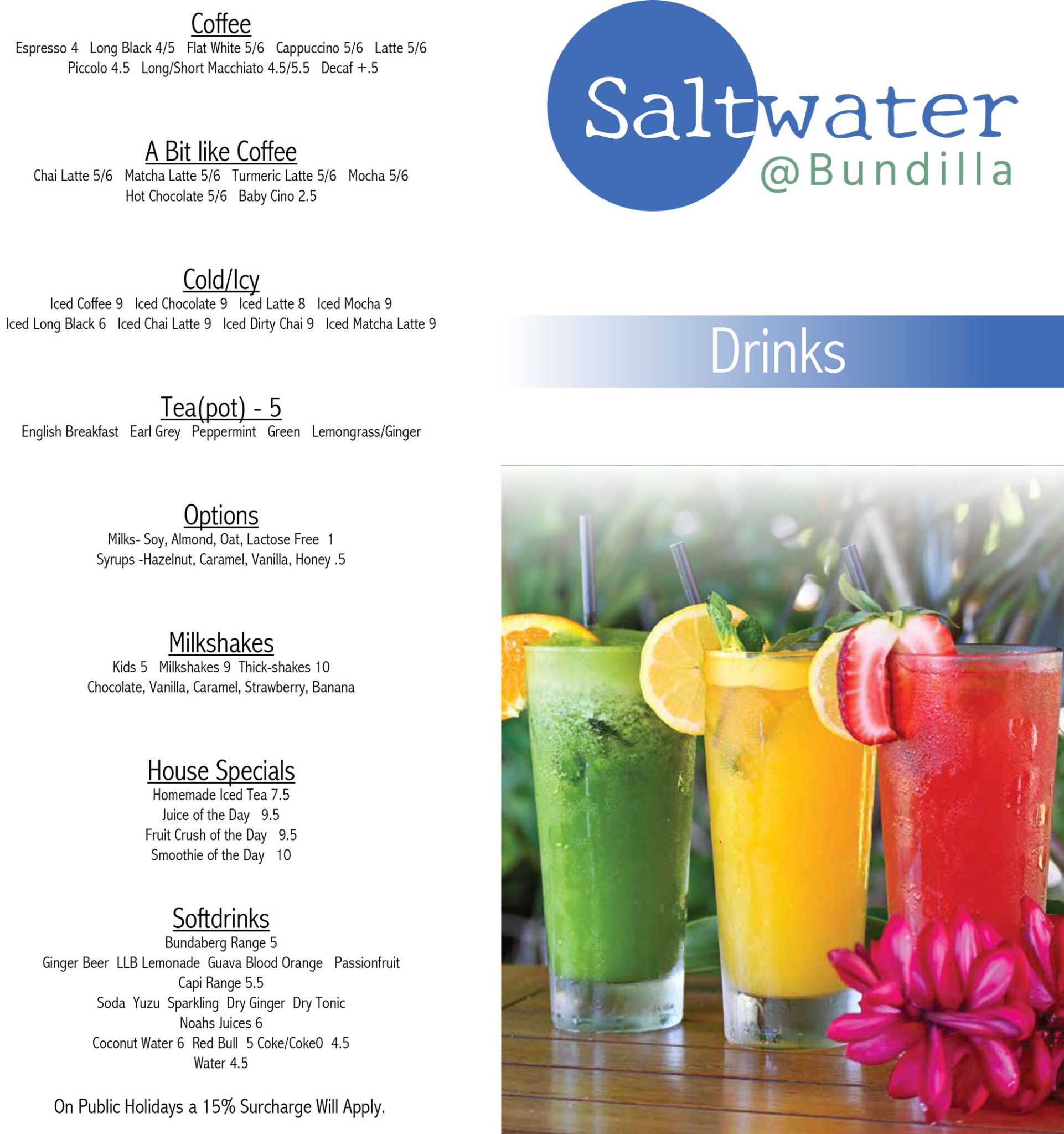 Breakfast, Lunch and Sunset Dinner Menu - Saltwater @ Bundilla